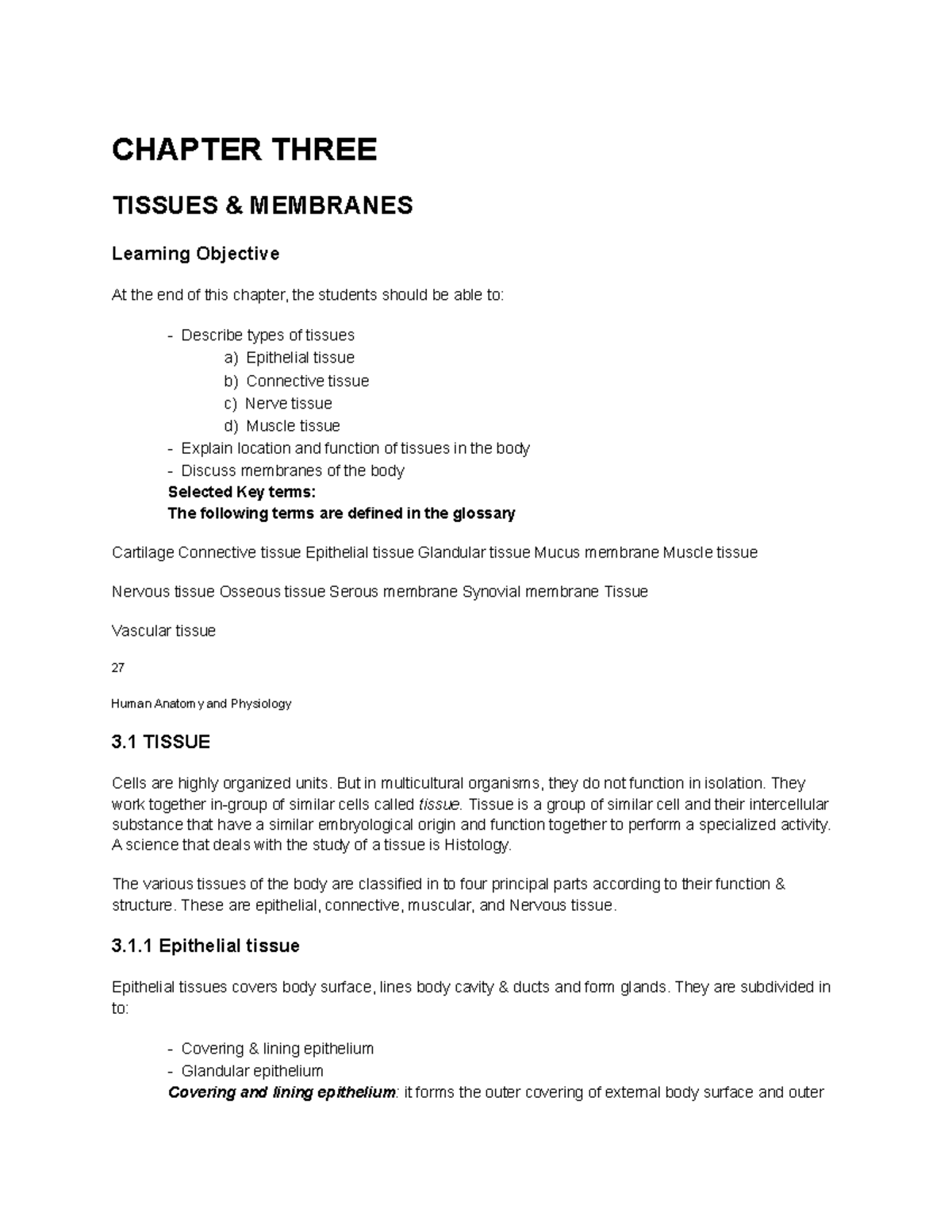 Anatomy and Physiology Chapter Three - CHAPTER THREE TISSUES ...