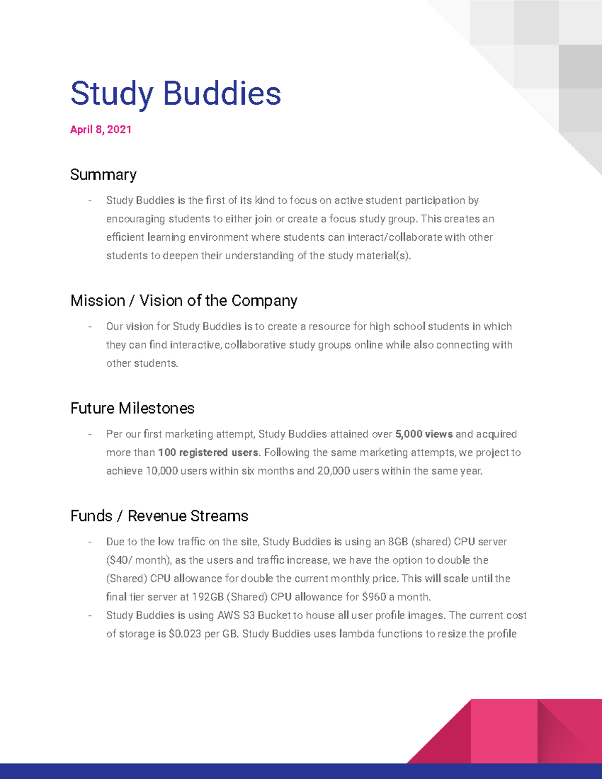 Study Buddies Business Plan - Study Buddies April 8, 2021 Summary Study ...