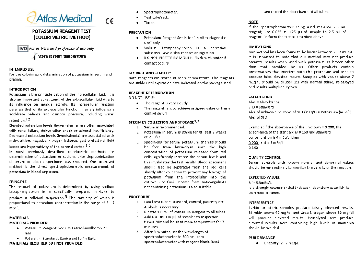 Potassium Package Insert - POTASSIUM REAGENT TEST (COLORIMETRIC METHOD ...