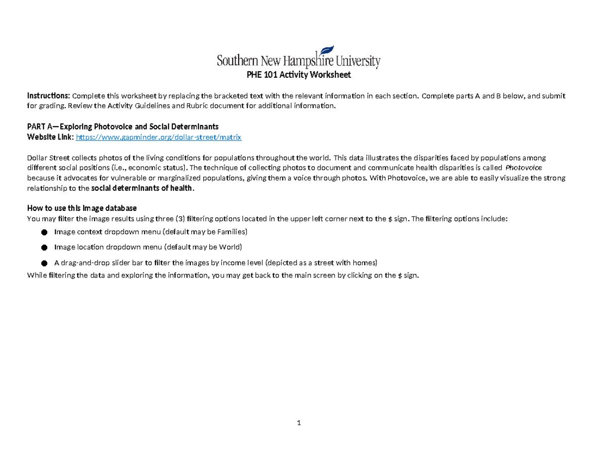 PHE 101 Activity Worksheet 1 - PHE 101 Activity Worksheet Instructions ...