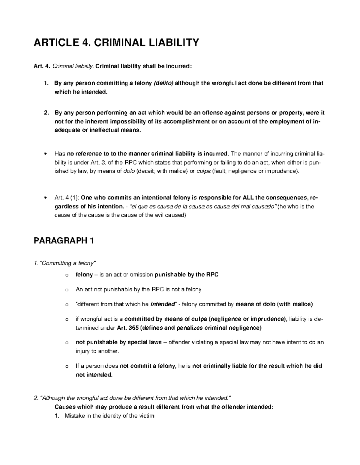 122148423 Criminal Law Art 4 10 notes - ARTICLE 4. CRIMINAL LIABILITY ...