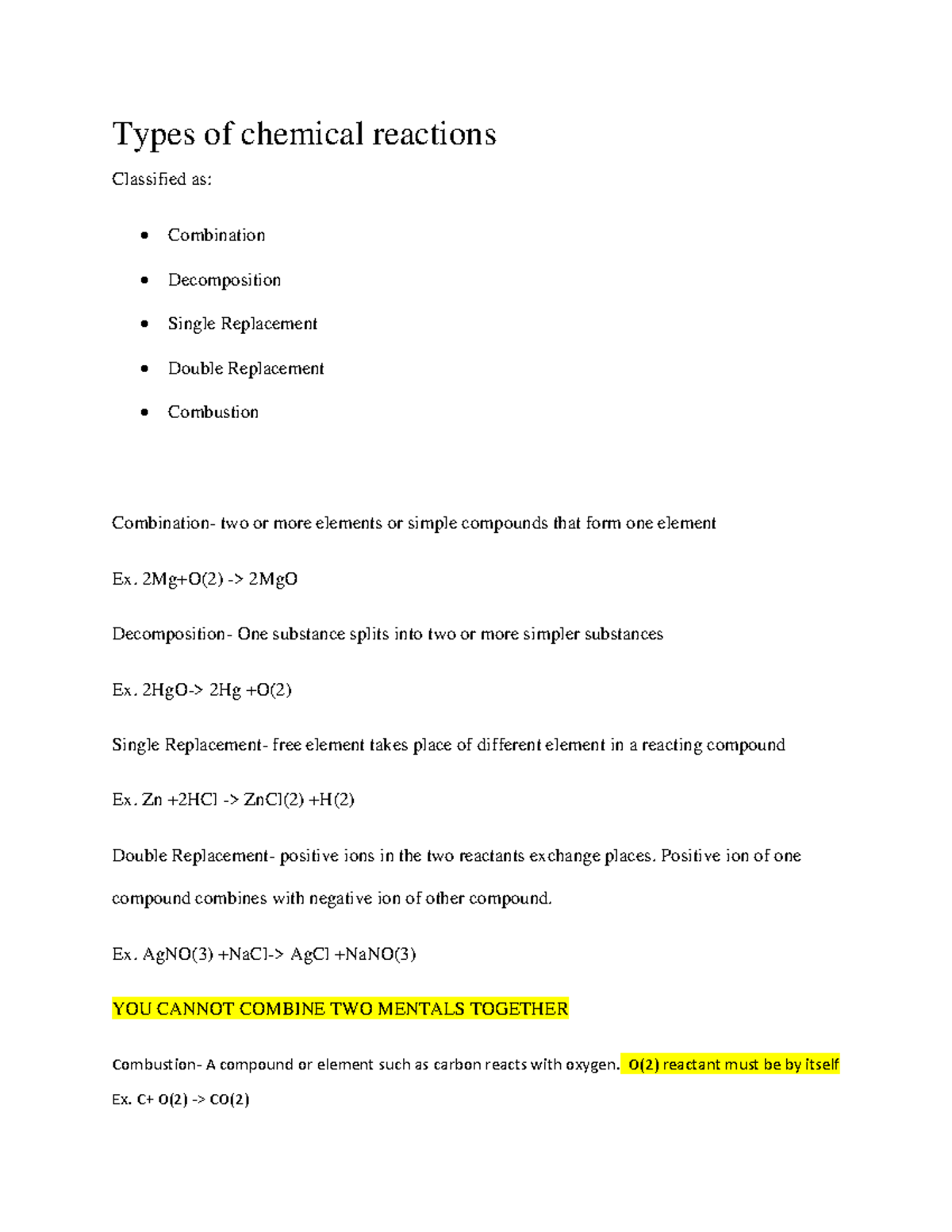 Chem Notes- Types of Chemical change - Types of chemical reactions ...