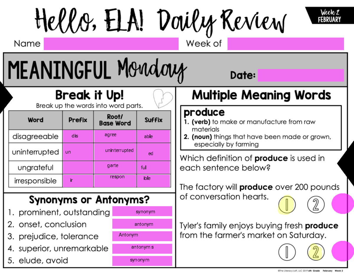 Jor'dyn Fletcher - 6th Grade February Digital ELA Daily Review Week 2 ...