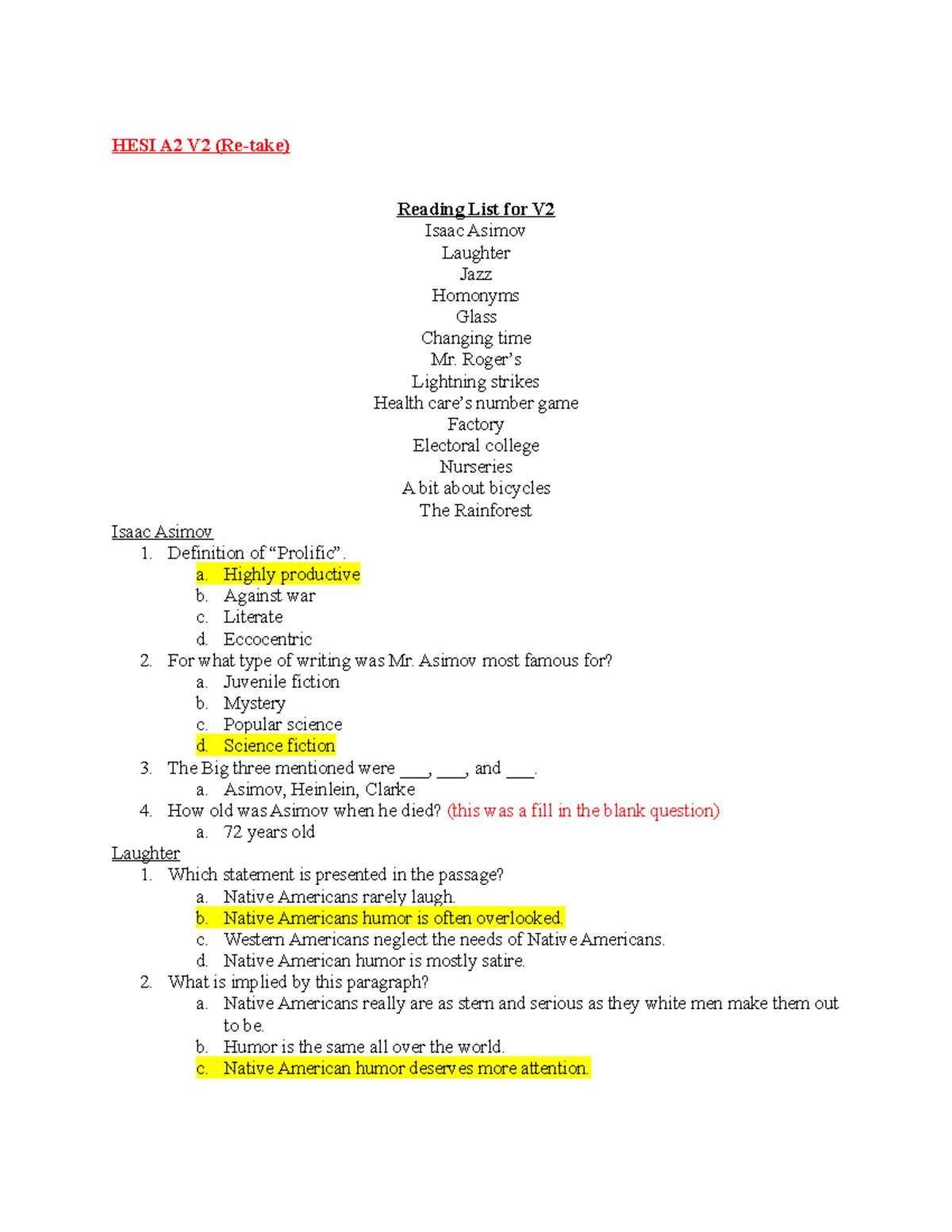 Hesi A2 Reading Full List HESI A2 V2 Re take Reading List For V
