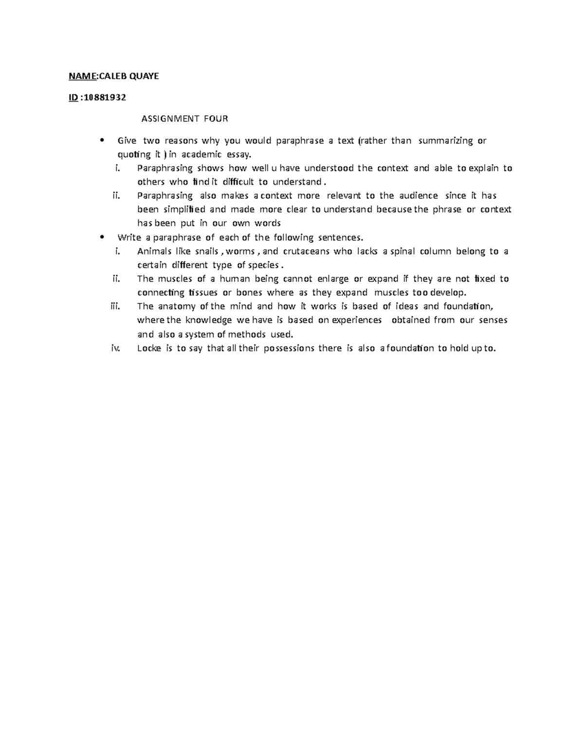 Assingment aca 4 - Assignment - NAME:CALEB QUAYE ID : ASSIGNMENT FOUR ...
