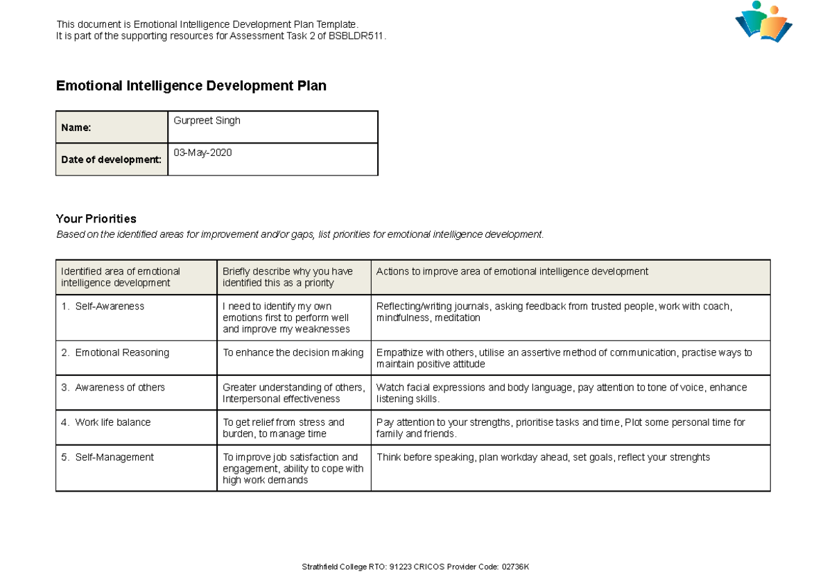 Emotional Intelligence Development Plan - It is part of the supporting ...