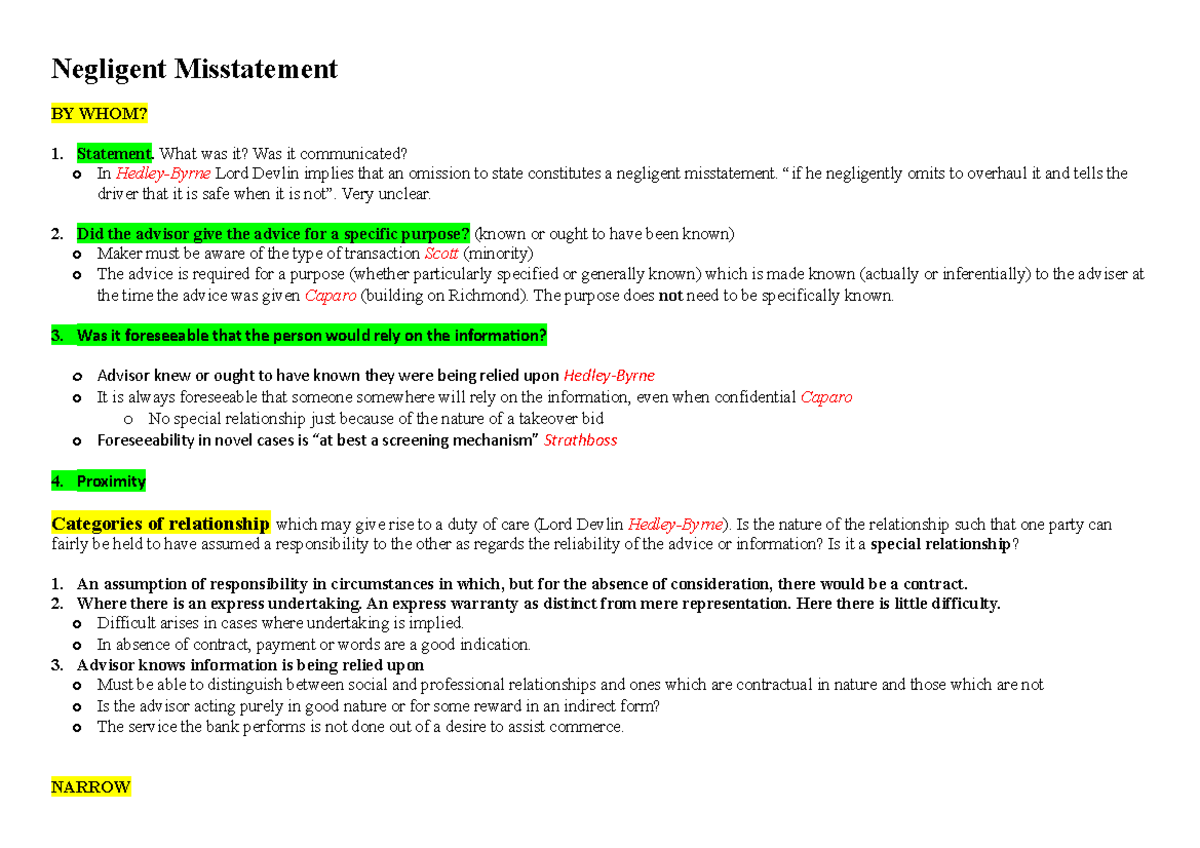 Negligent misstatement cheat sheet - Negligent Misstatement BY WHOM? 1 ...