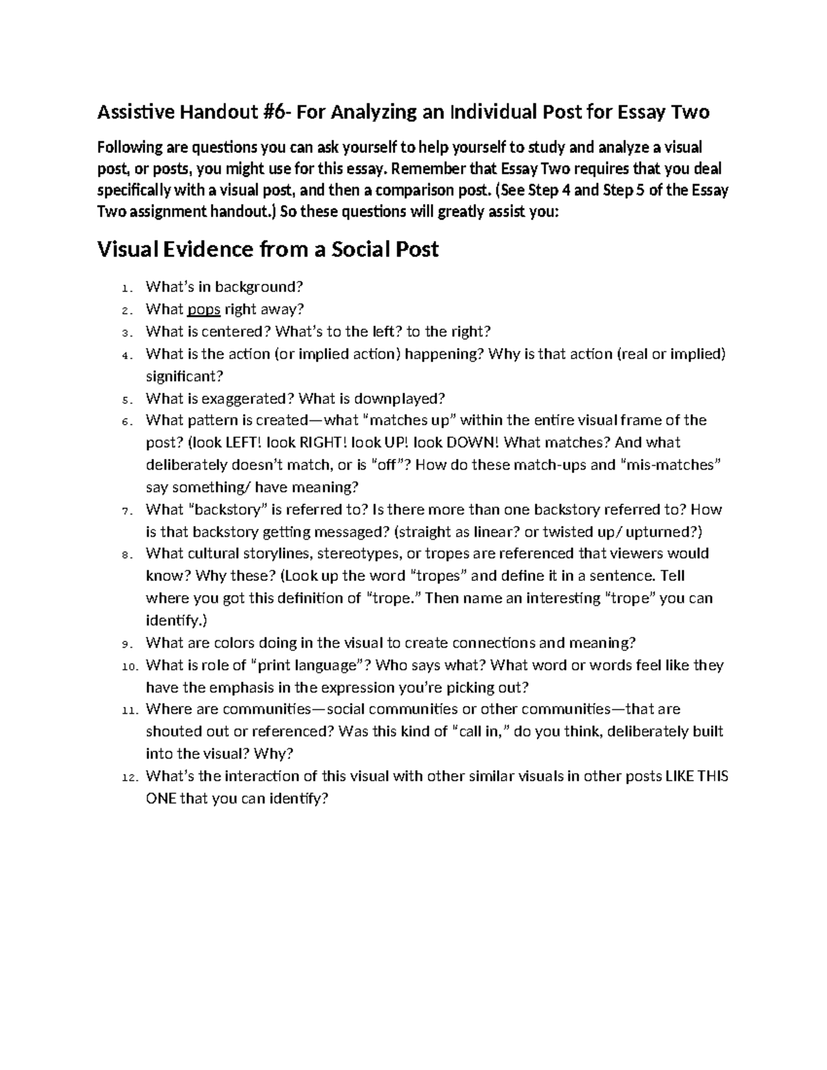 Assistive Handout 6 Visual Social Post Analysis - Assistive Handout #6 ...