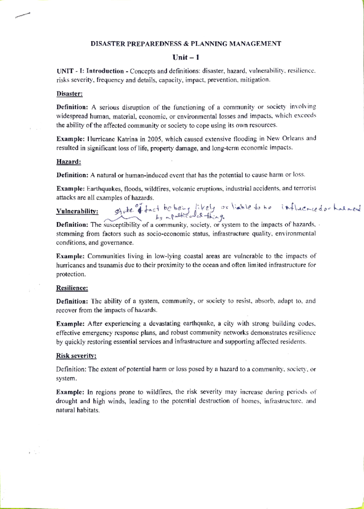 DPPM UNIT 1 - NOTES - DISASTER PREPAREDNESS PLANNING MANAGEMENT Unit 1 ...