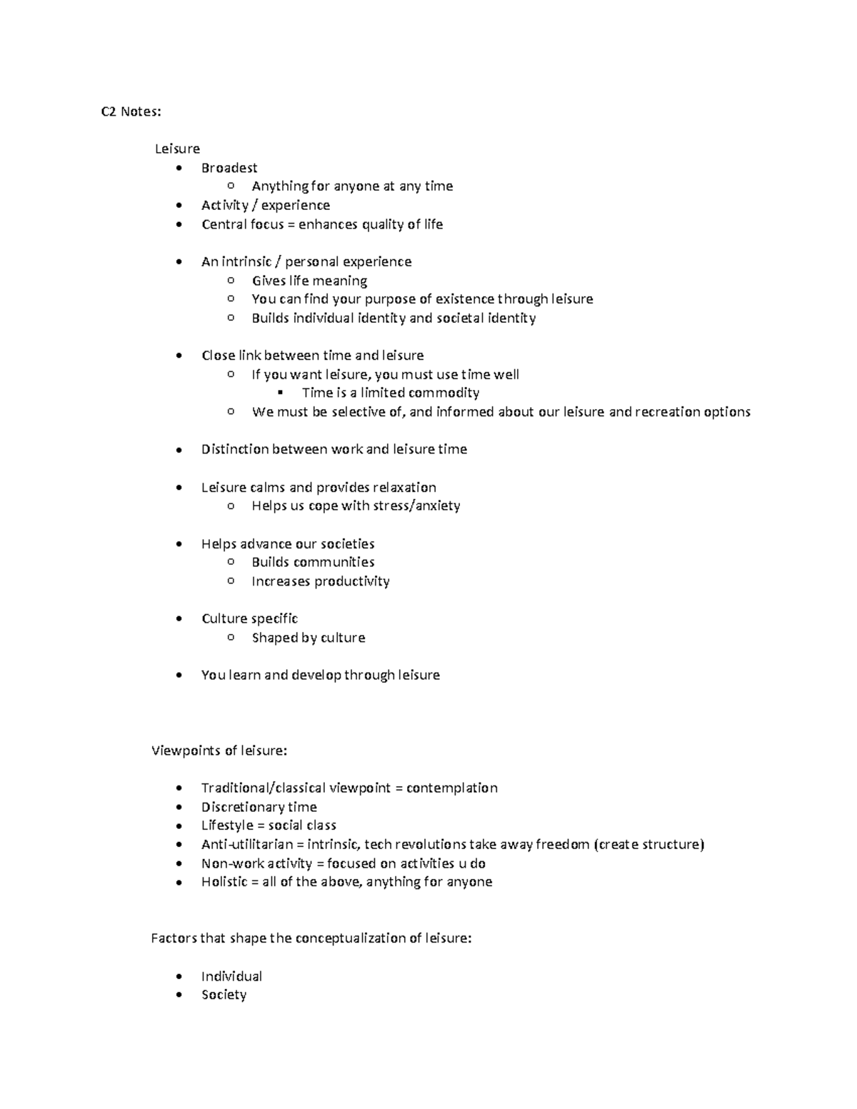 C2 Notes - C2 Notes: Leisure • Broadest o Anything for anyone at any ...