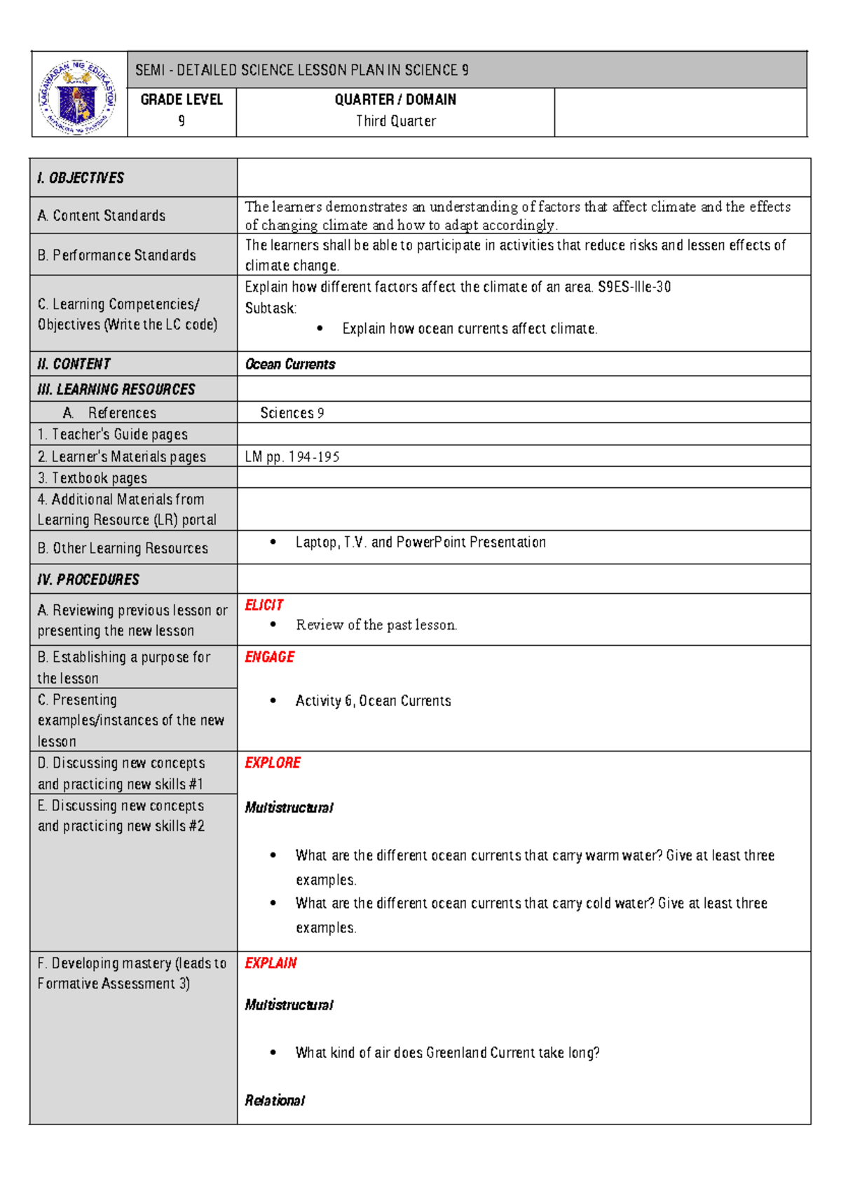 Ocean Currents - SEMI - DETAILED SCIENCE LESSON PLAN IN SCIENCE 9 GRADE ...