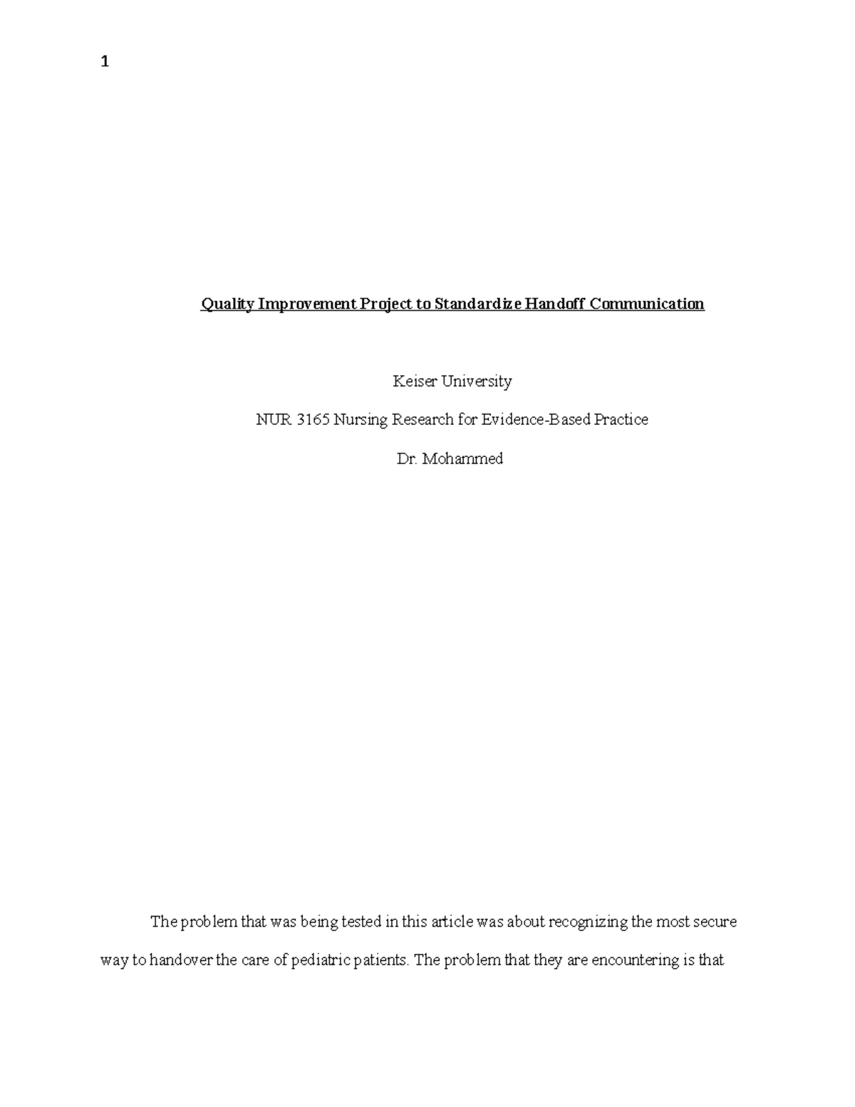 Research paper - Quality Improvement Project to Standardize Handoff ...