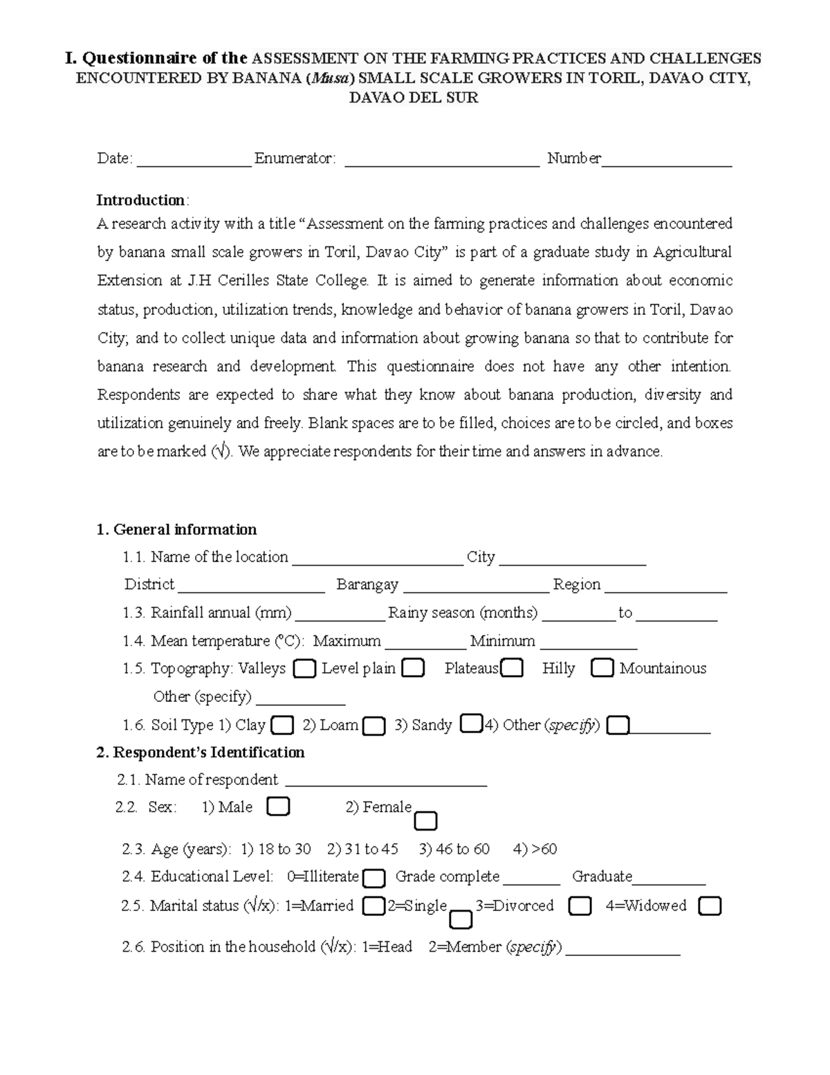 Questionaire to Banana Production - I. Questionnaire of the ASSESSMENT ...