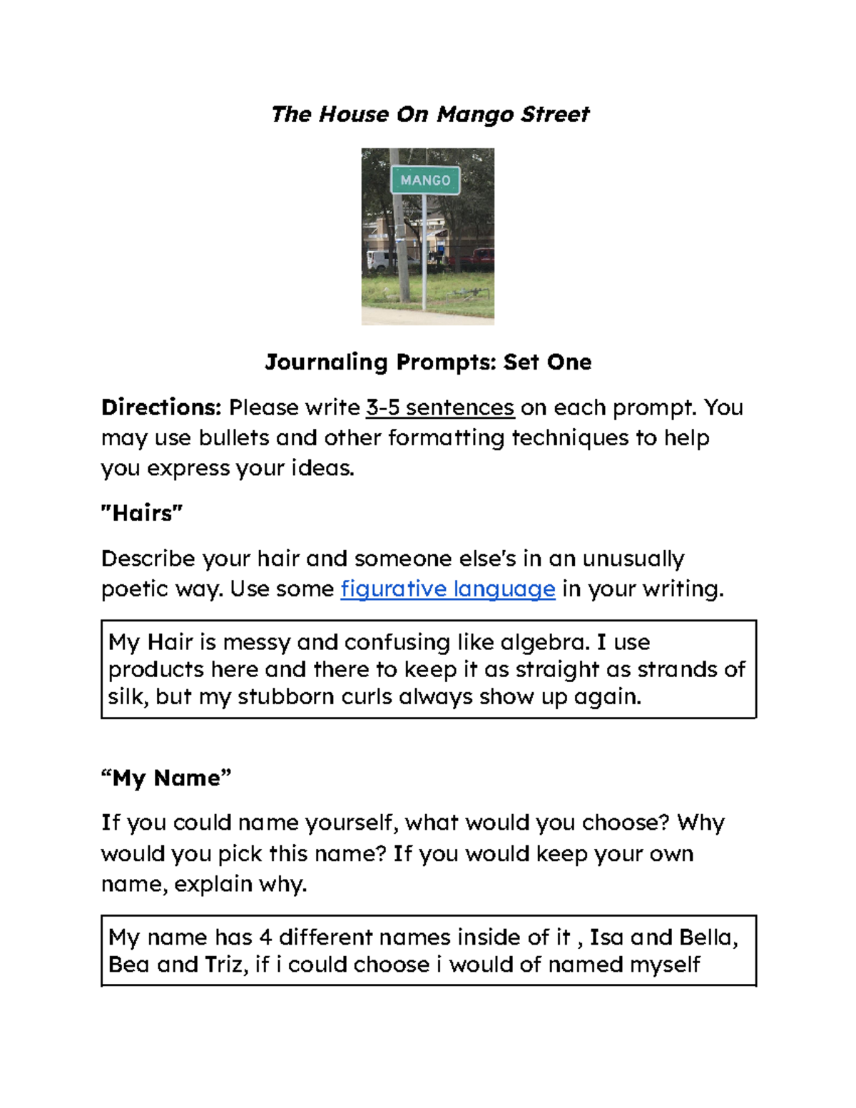 Isabella De Sousa - Journaling Prompts 1 - The House On Mango Street ...