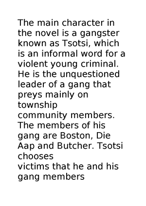 Tsotsi contextual questions - QUESTIONS CHAPTER 1 Identify why Tsotsi is silent for most of the ...