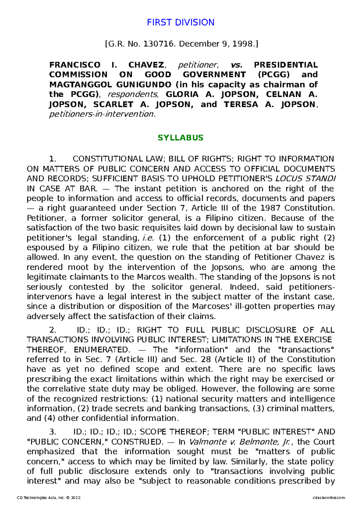 5. Chavez v. PCGG - case - FIRST DIVISION [G. No. 130716. December 9 ...