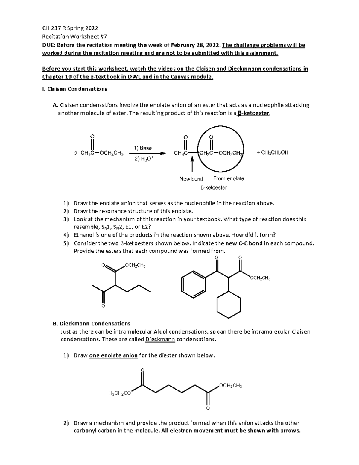 CH 237 Pre-recitation Worksheet 7 Sp 2022 - CH 237 R Spring 2022 ...