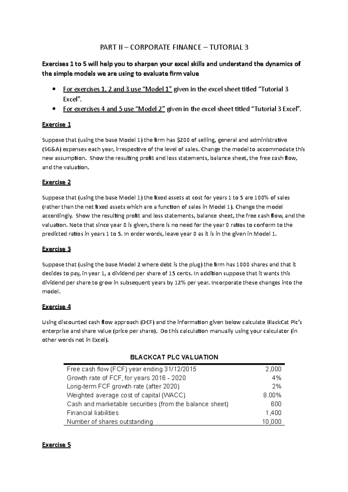 Part 2 - Tutorial 3 - Exercises - PART II – CORPORATE FINANCE ...