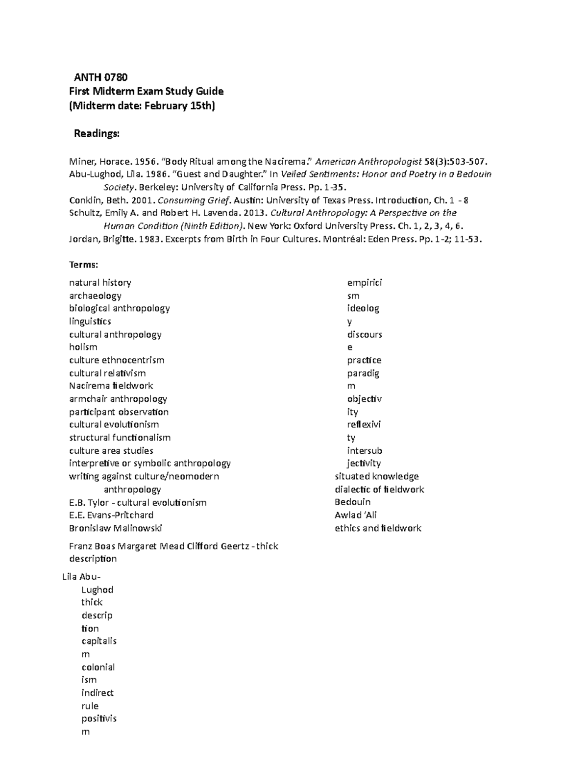 Midterm 1 Study Guide 2023 - ANTH 0780 First Midterm Exam Study Guide (Midterm date: February ...
