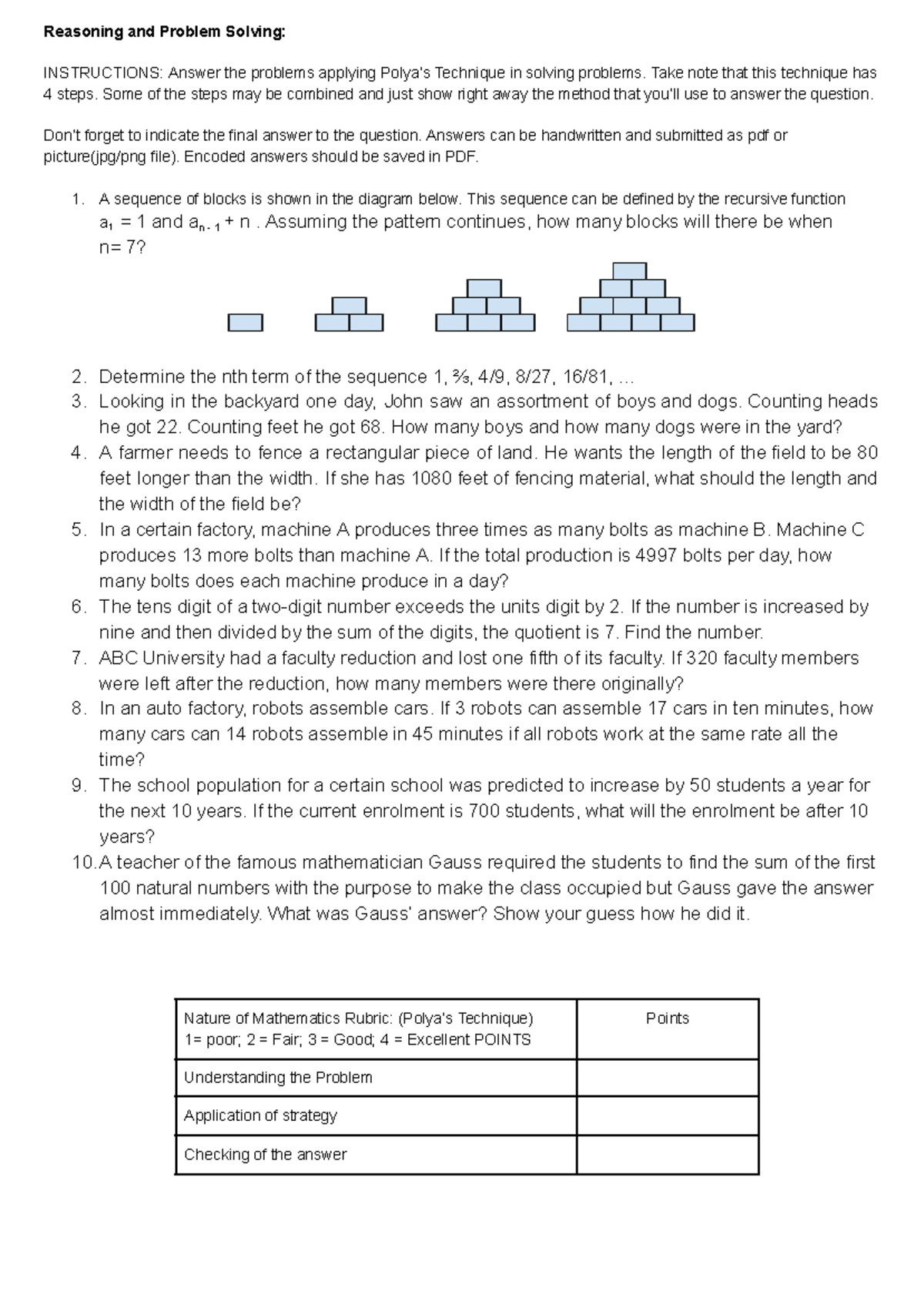 CITU Problem Solving - about math tutorial - Reasoning and Problem Solving: INSTRUCTIONS: Answer ...