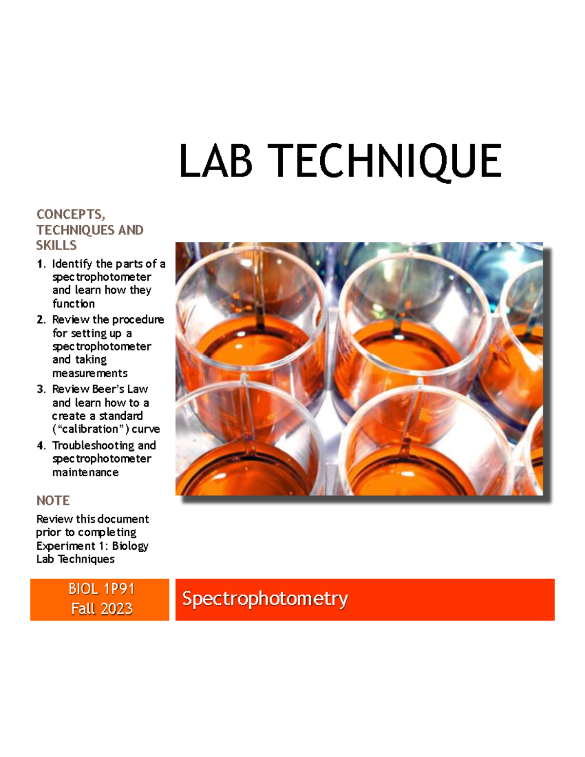BIOL 1P91 - Lab Technique Spectrophotometry - LAB TECHNIQUE CONCEPTS ...