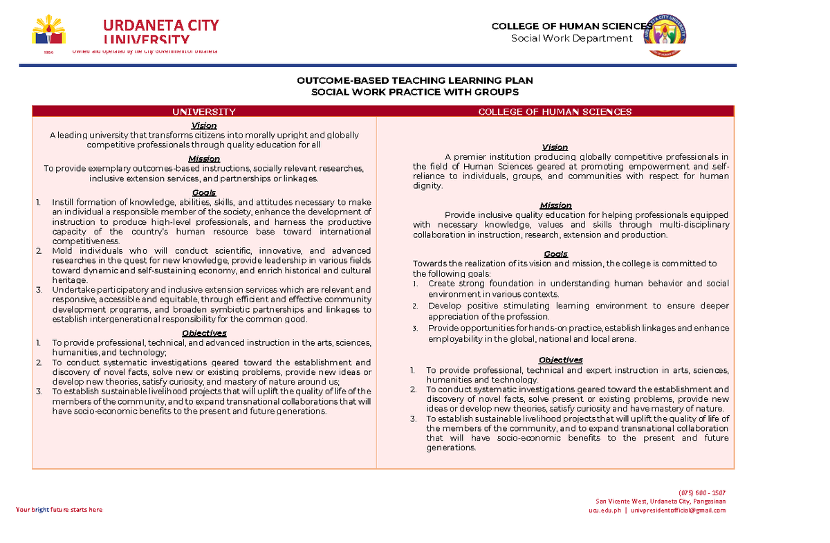 Outcomes Based Teaching Learning Plan - SW with Groups - URDANETA CITY ...