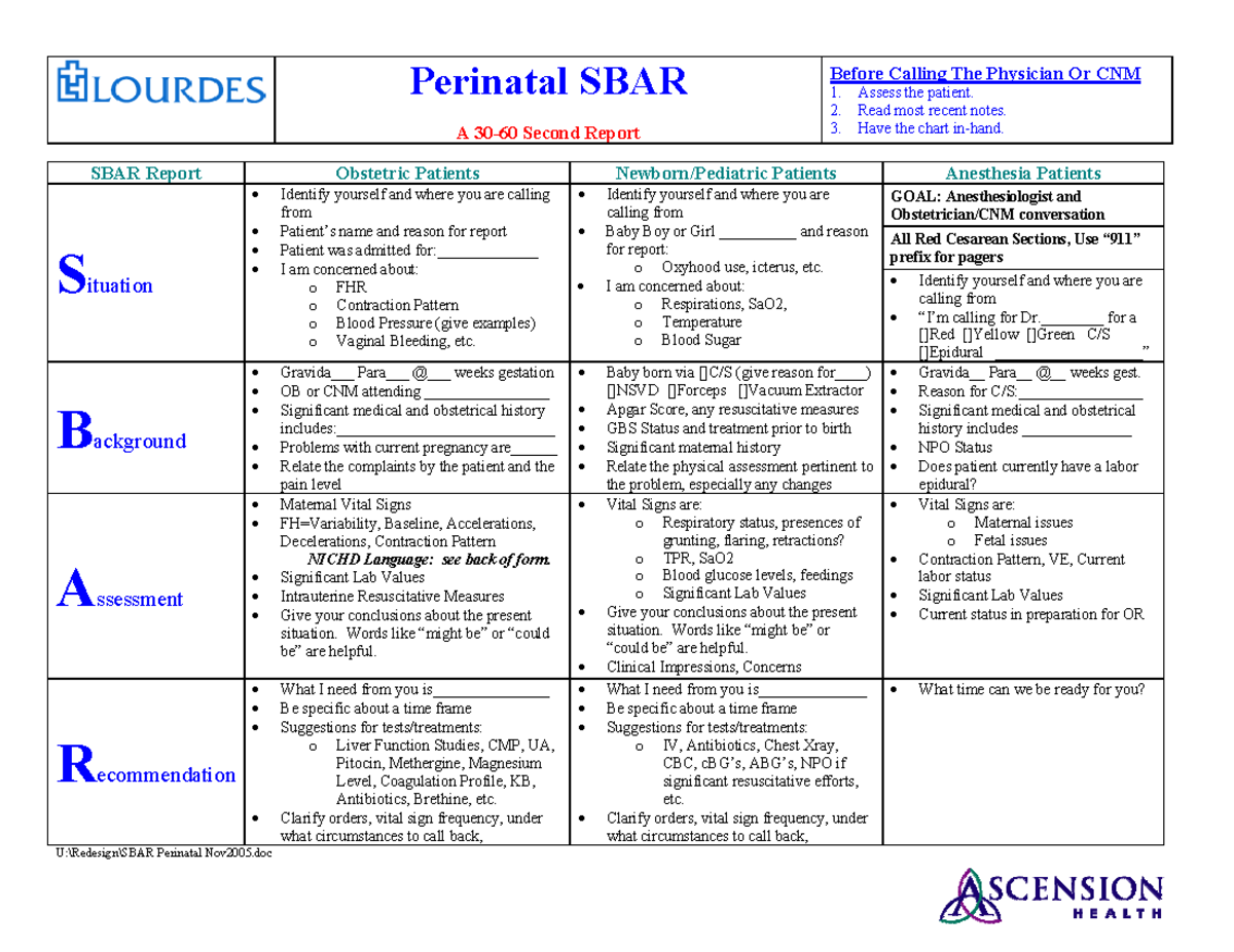 OB-perinatal-sbar - ob sbar template - Perinatal SBAR A 30-60 Second ...