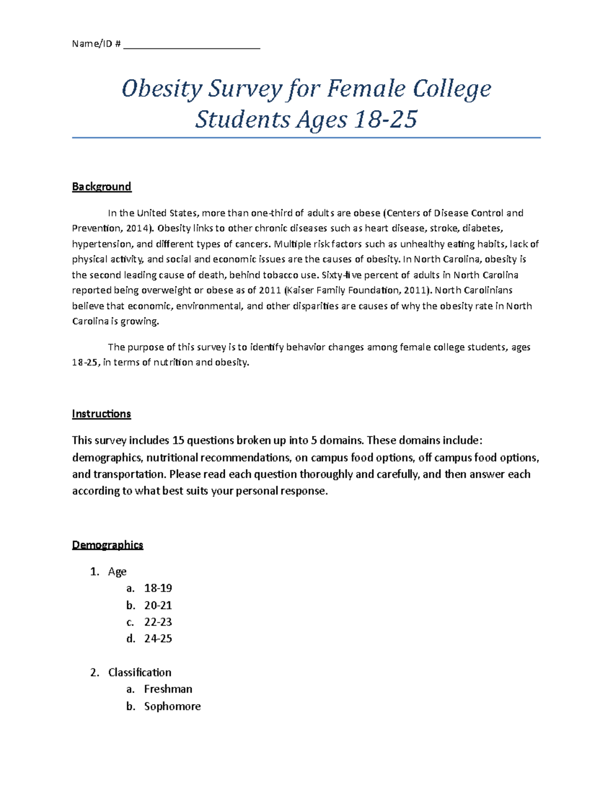 HEDU4300 Survey - Obesity Survey for Female College Students Ages 18 ...