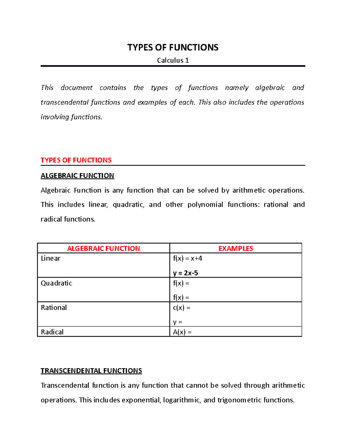Types Of Functions Types Of Functions Calculus 1 This Document Contains The Types Of Functions 