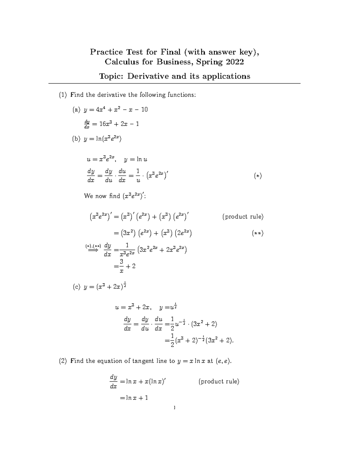 Finalpractice - Derivative and its applications - Practice Test for ...