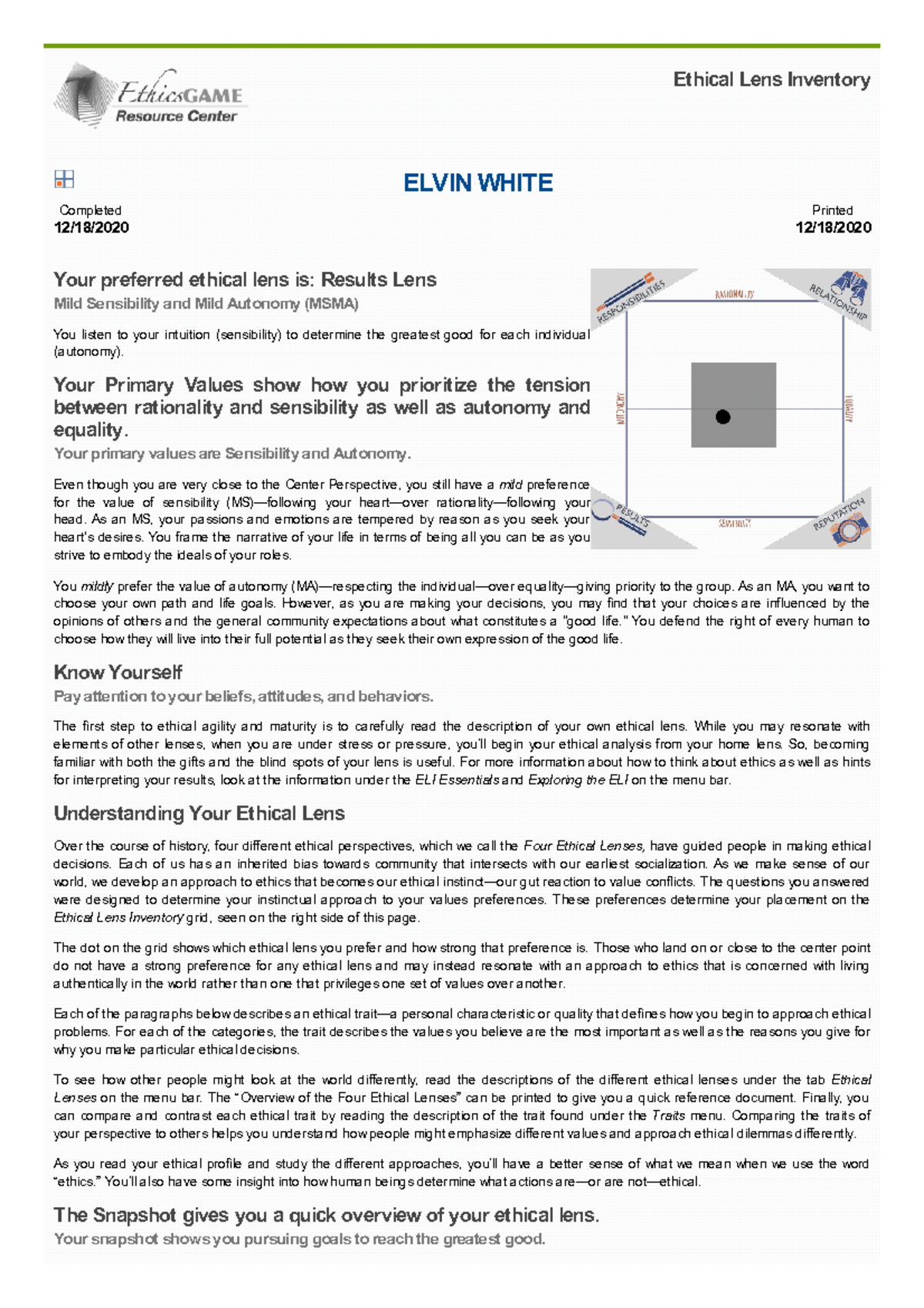 Eli Theories Study - Ethical Lens Inventory Completed 12/18/ Printed 12 ...