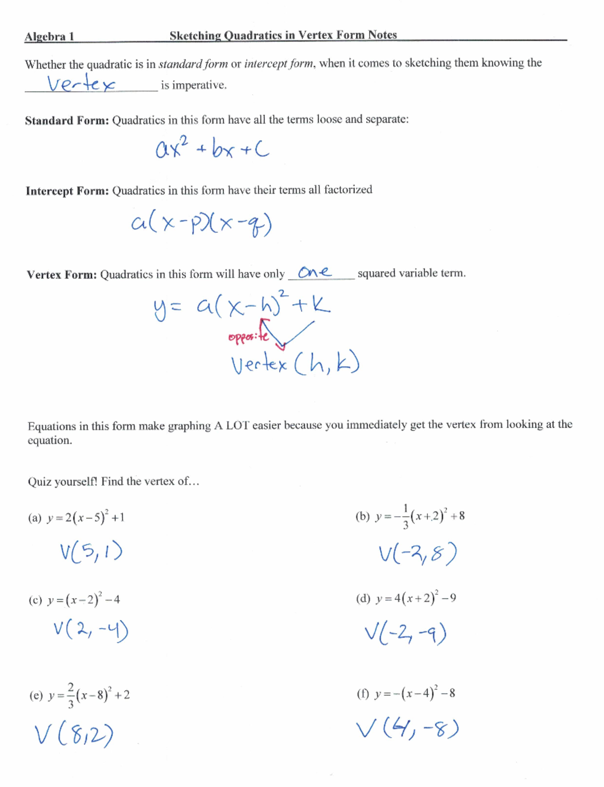 05-03-17. Sketching Quadratics in Vertex Form Notes Completed - Studocu
