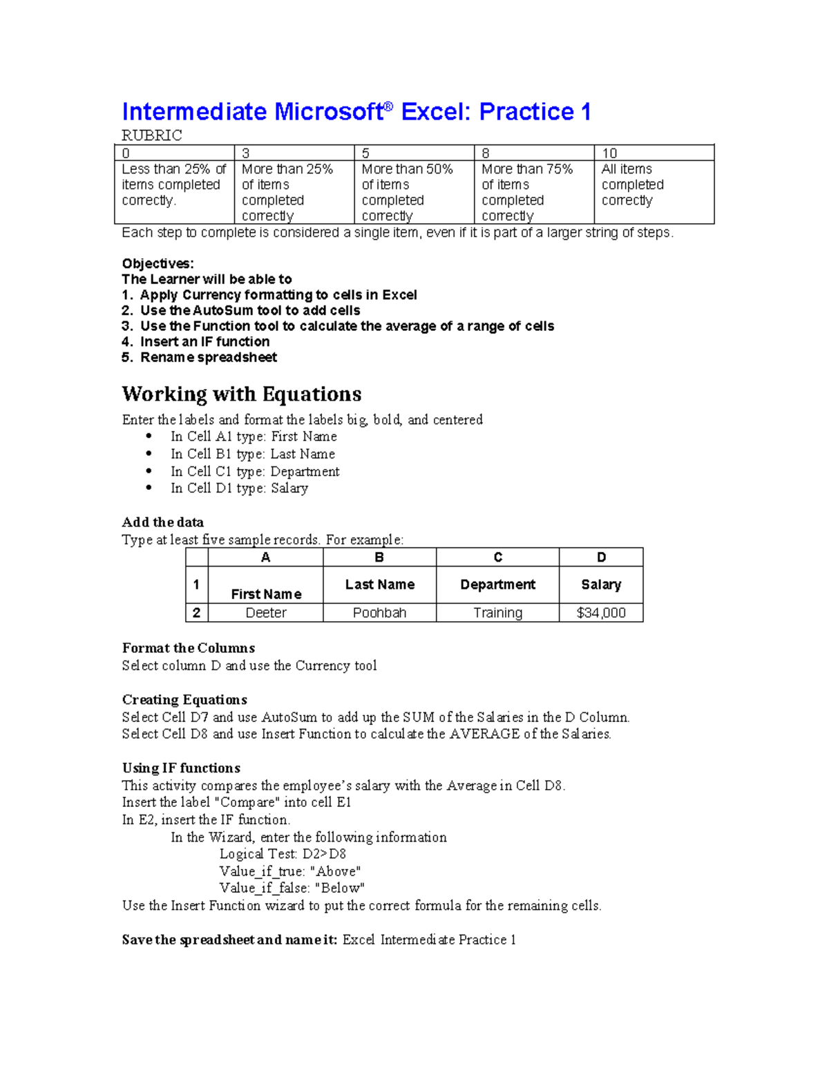 Excel-Practice-Activities - Intermediate Microsoft Excel: Practice 1 RUBRIC 0 3 5 8 10 Less than ...
