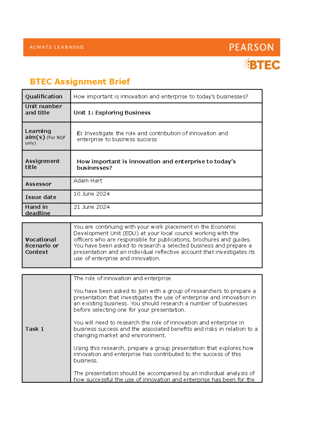 U1 A3 LA-E Assignment brief 2024-2 - BTEC Assignment Brief Qualification How important is ...