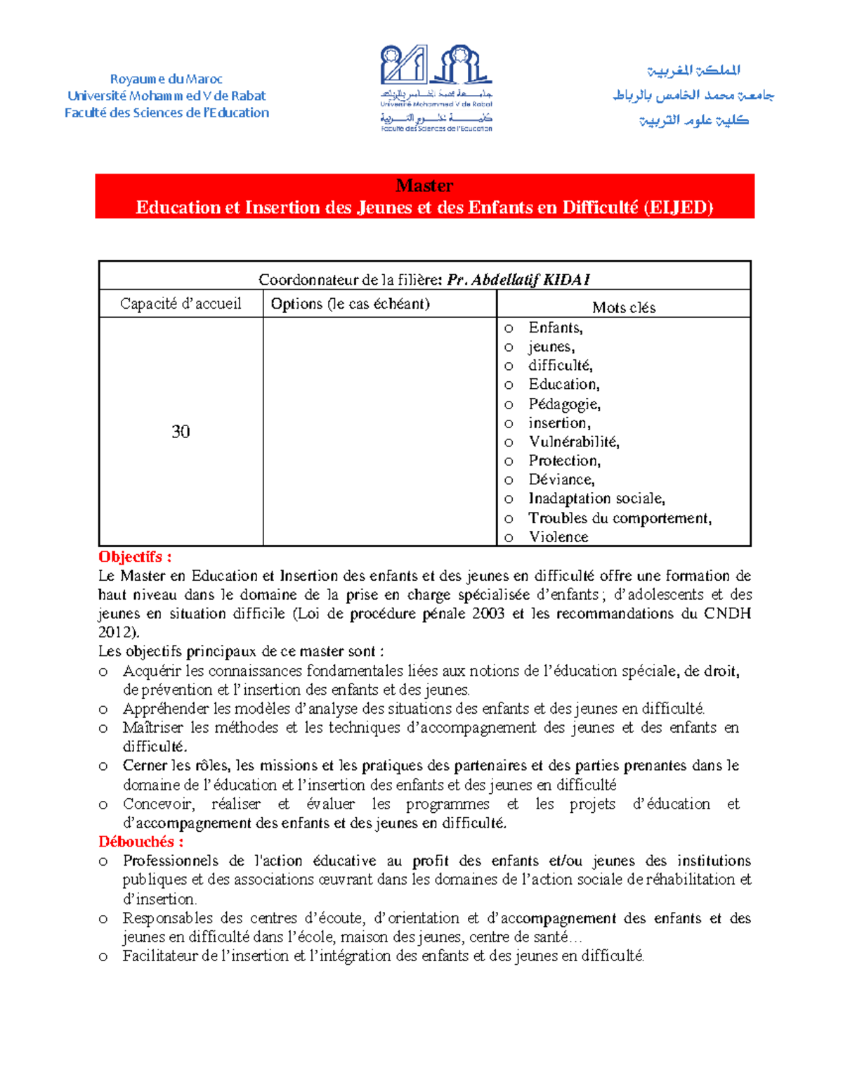 Master Education et Insertion des Jeunes et des Enfants en Difficulté ...