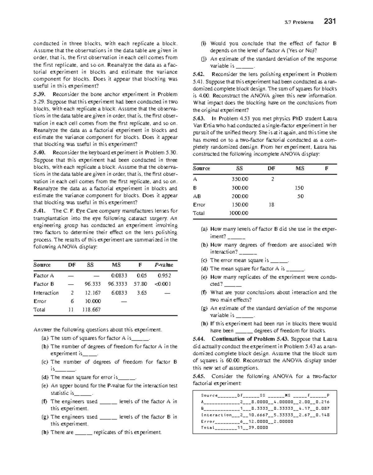 Ast301 ch5 exercise - 5 Problems 231 conducted in three blocks, with each replicate a block ...