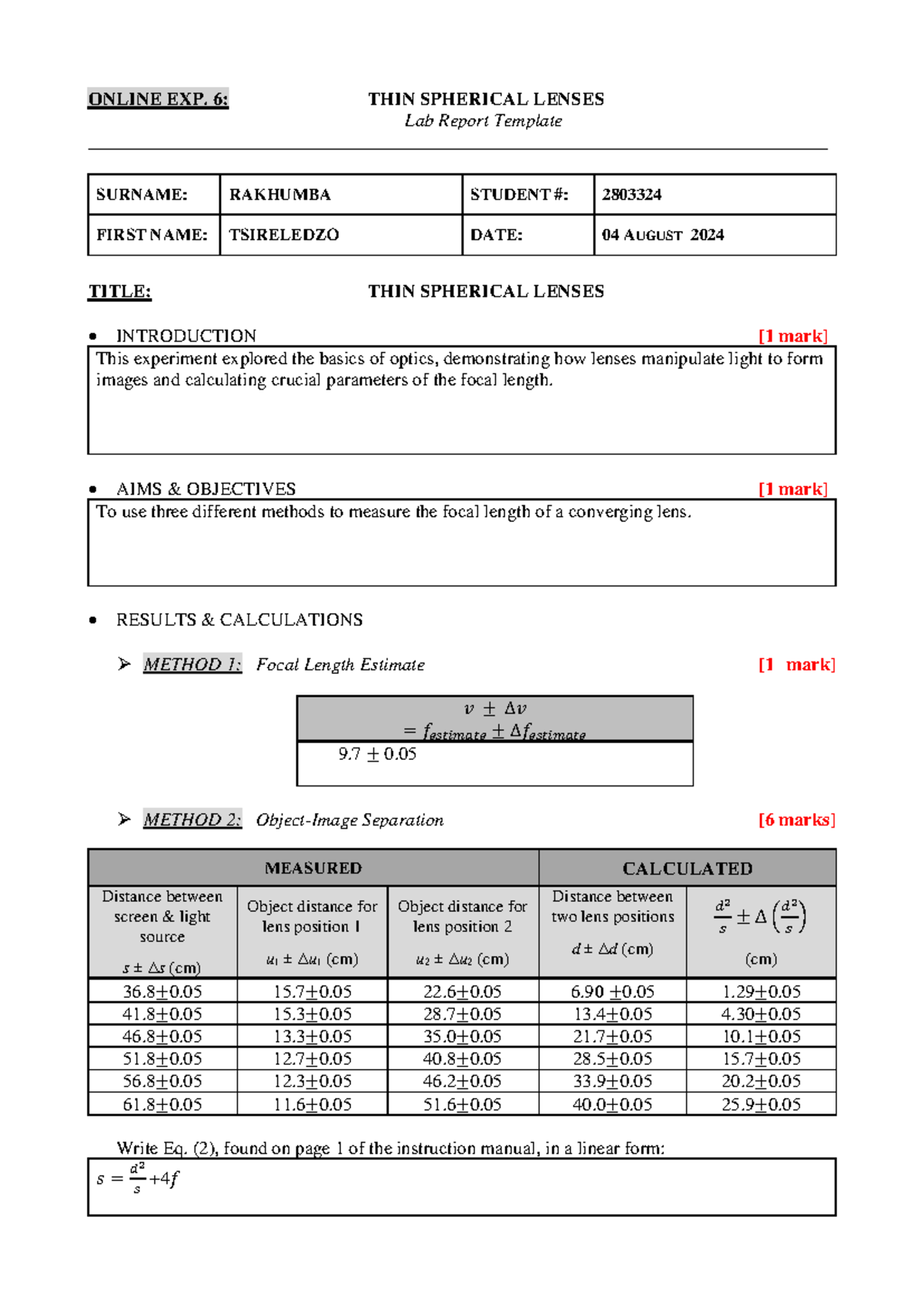 Exp06 - Thin Lens - Lab Report Template - ONLINE EXP. 6 : THIN SPHERICAL LENSES Lab Report ...