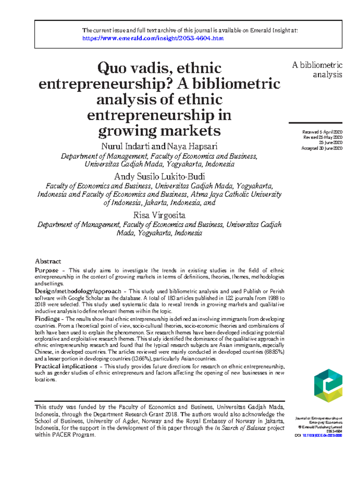 Quo vadis ethnic entrepreneurship A bibl - Quo vadis, ethnic ...