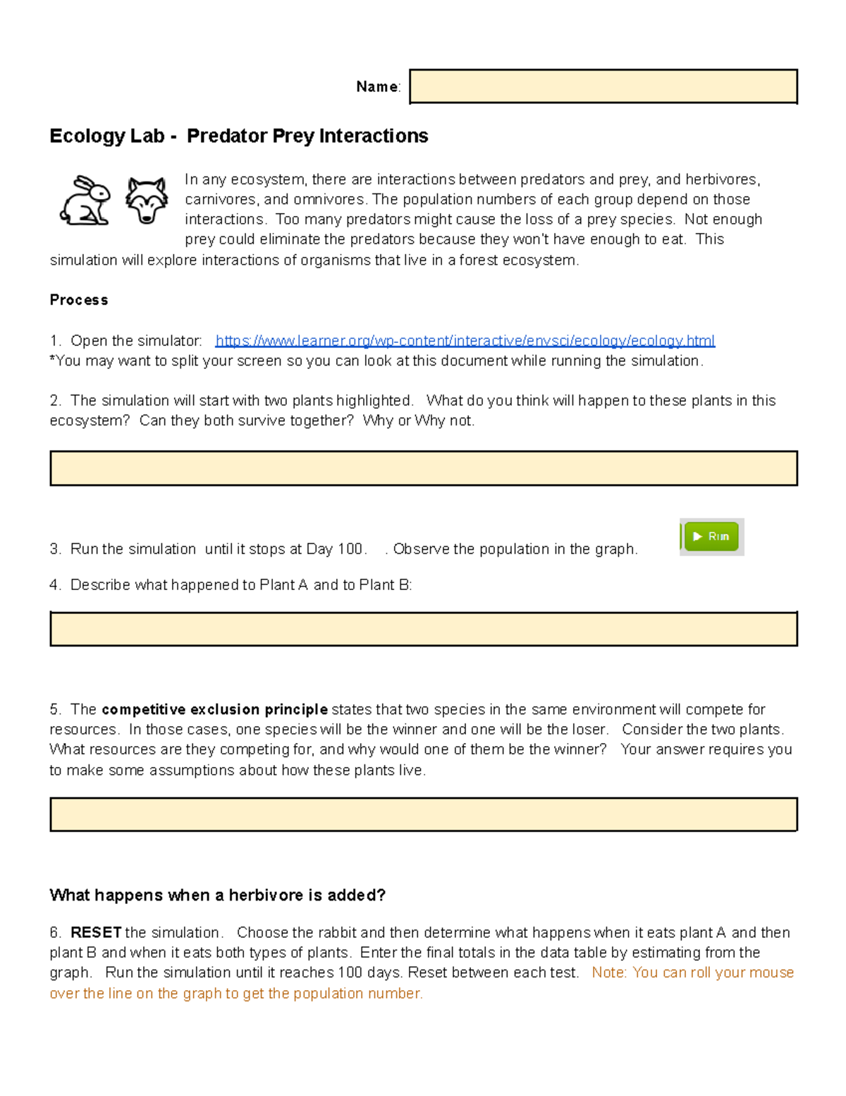 1.3 Energy and Equilibria - Name: Ecology Lab - Predator Prey ...