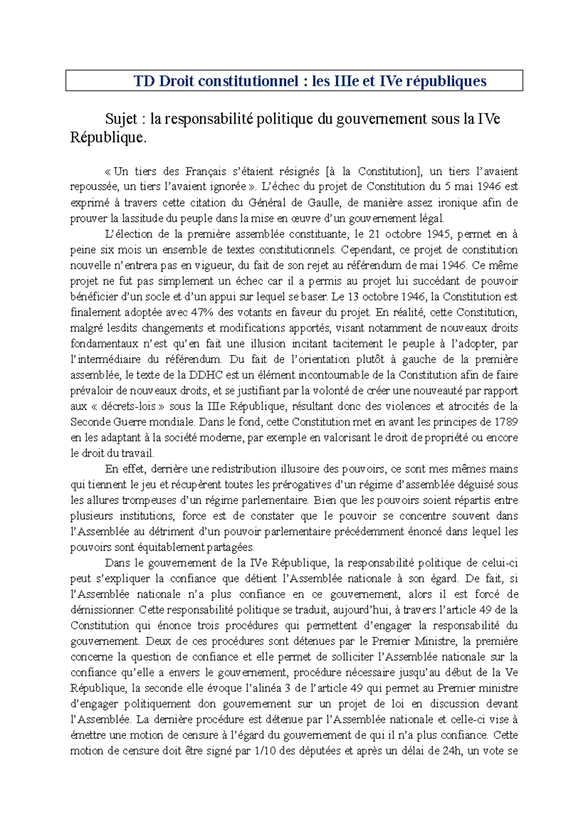 responsabilité politique du gouvernement sous la 4e république - « Un ...