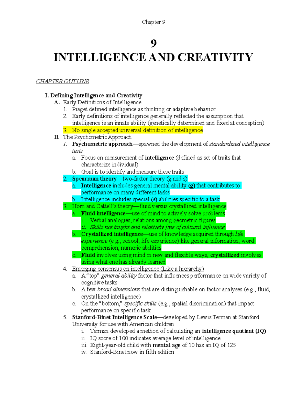 LS-Ch 9 Outline - Chapter 9 9 INTELLIGENCE AND CREATIVITY CHAPTER ...