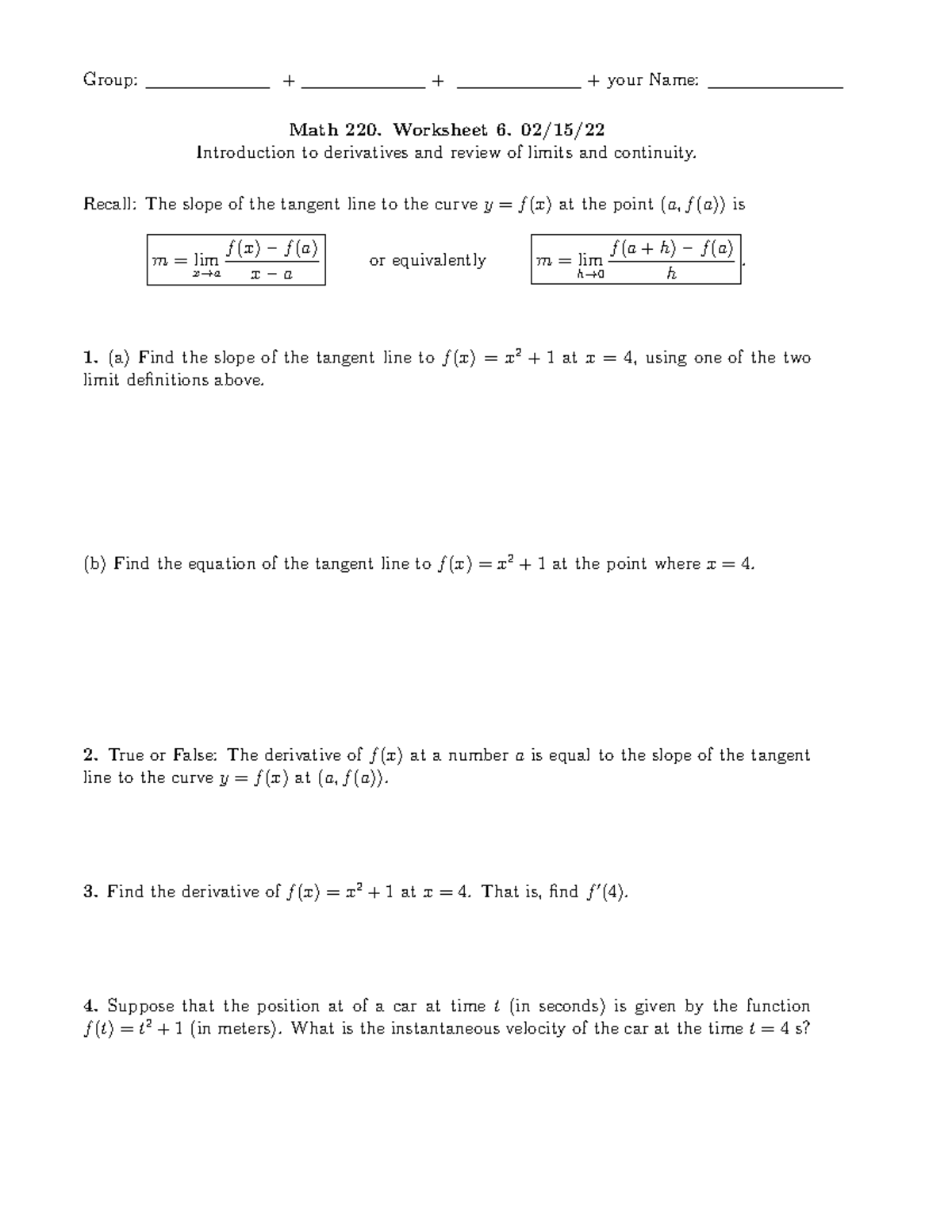 WS FOR MATH 220 - Group: + + + your Name: Math 220. Worksheet 6. 02/15 ...