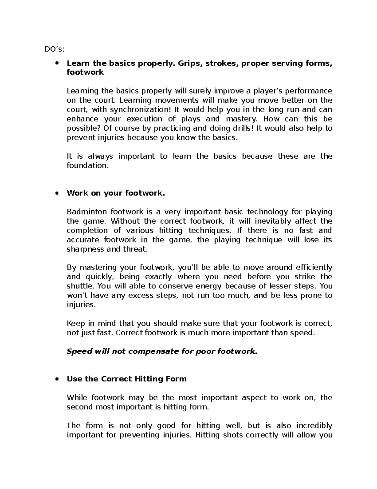 PE Written Report - pe in badminton - DO’s: Learn the basics properly ...