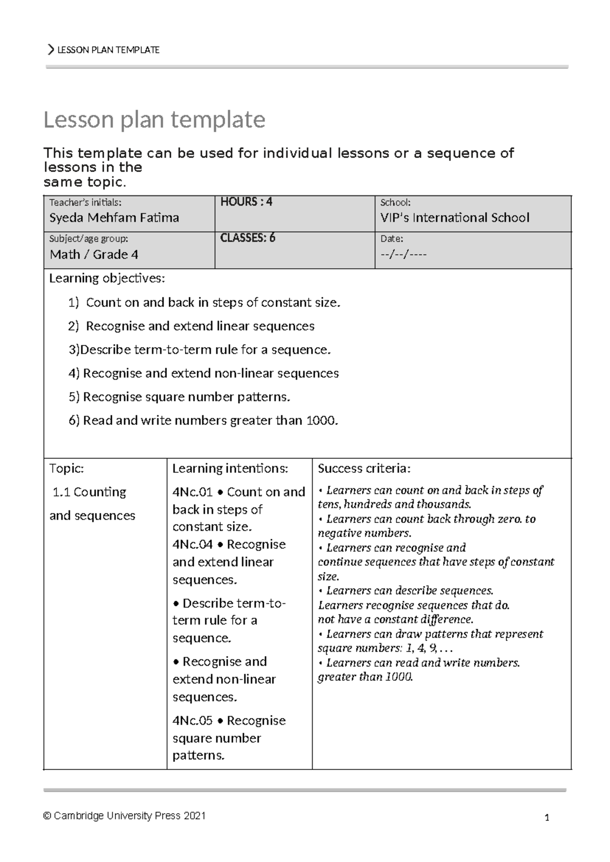 1.1 grade 4 lesson plan of 4 hours - Lesson plan template This template ...
