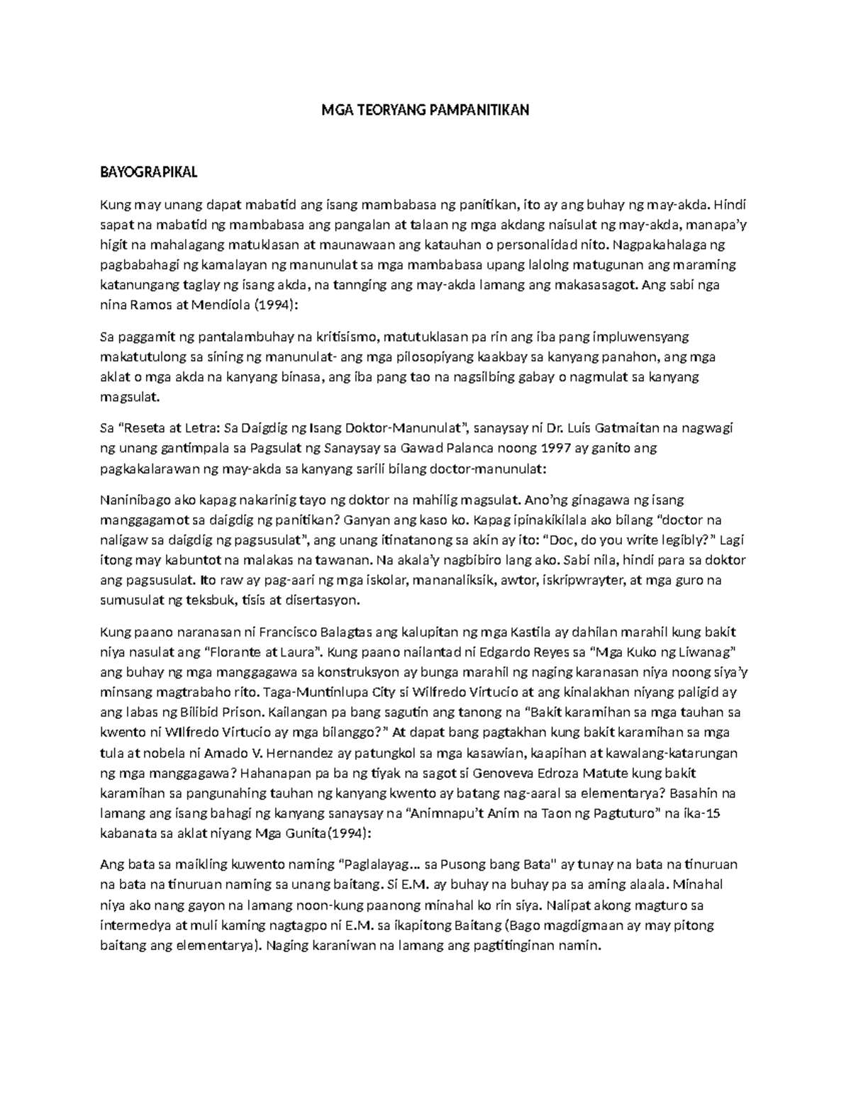 MGA Teoryang Pampanitikan - MGA TEORYANG PAMPANITIKAN BAYOGRAPIKAL Kung ...