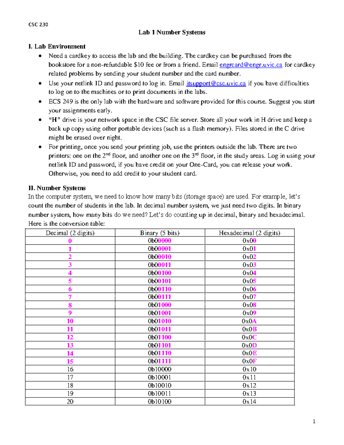Lab1new - lab - CSC 230 1 Lab 1 Number Systems I. Lab Environment Need a cardkey to access the ...