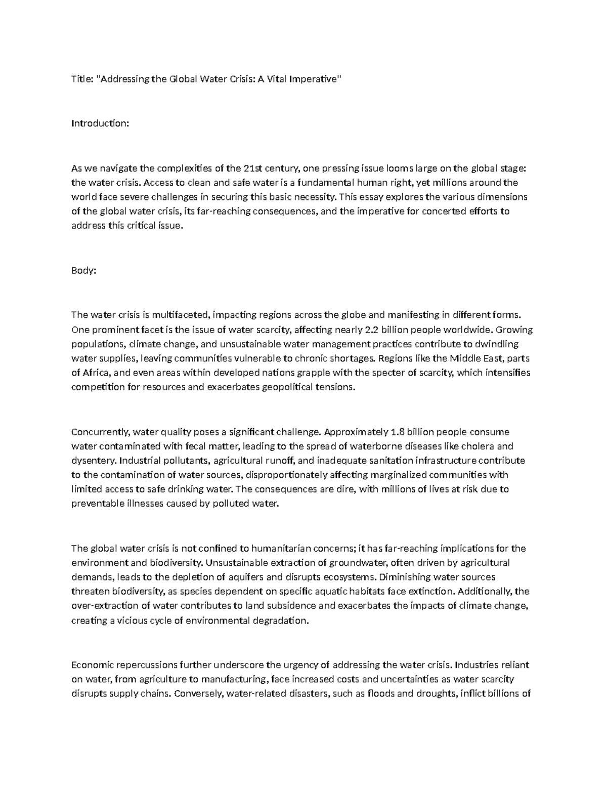 Addressing Global Water Crisis - Title: "Addressing the Global Water ...