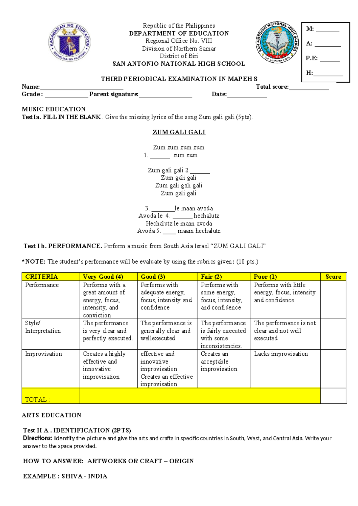 3RD Examination Mapeh 8 Final - M: _______ A: ________ P: ______ H ...