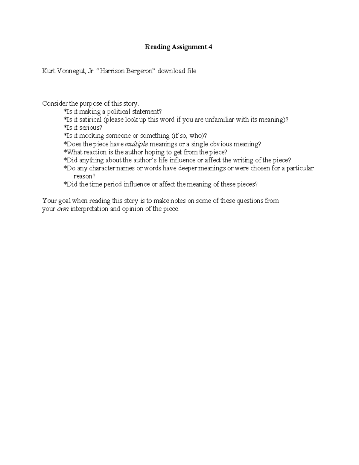 Reading Assignment 4 - coursework - Reading Assignment 4 Kurt Vonnegut ...