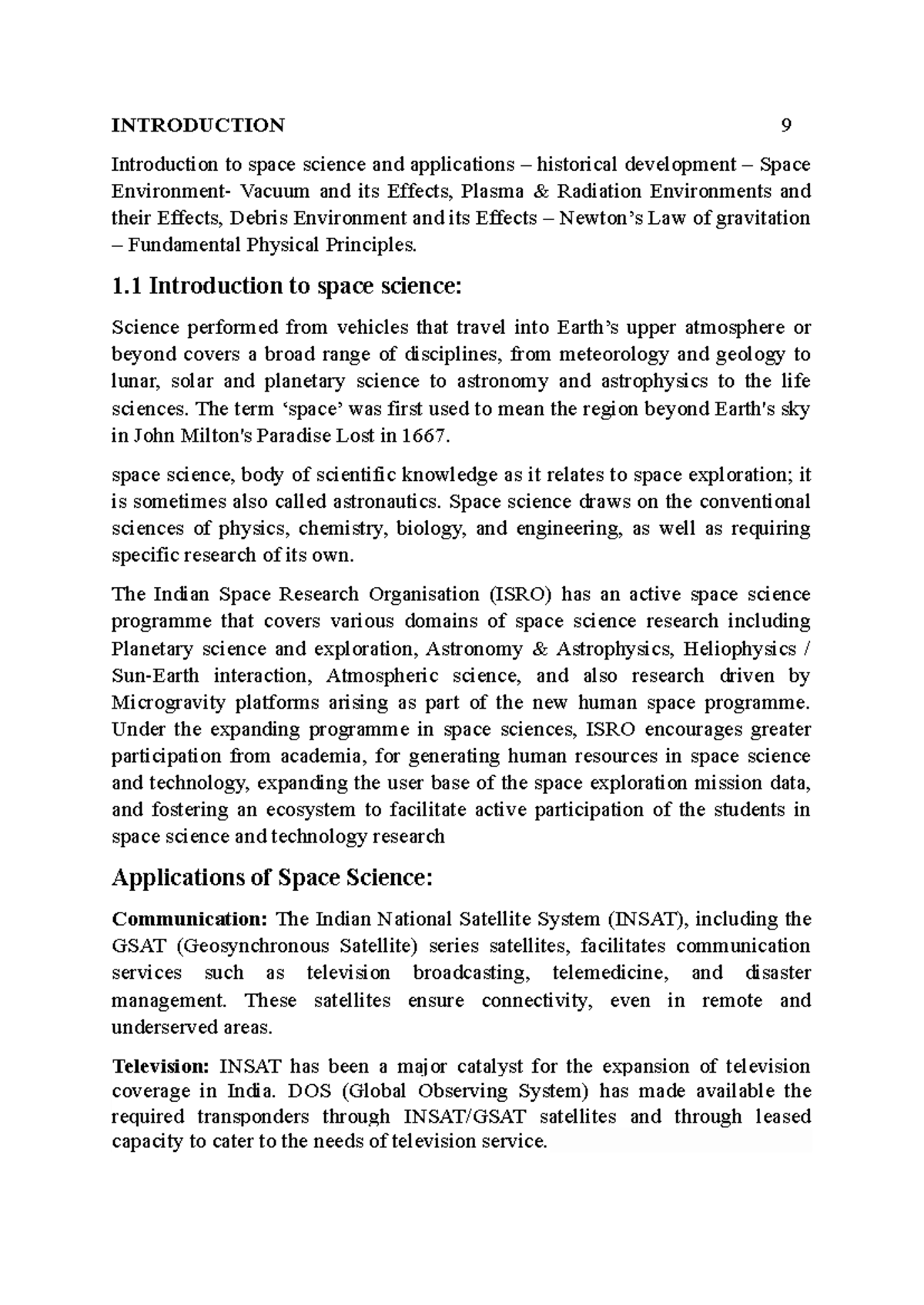 UNIT 1 Introduction - INTRODUCTION 9 Introduction to space science and ...